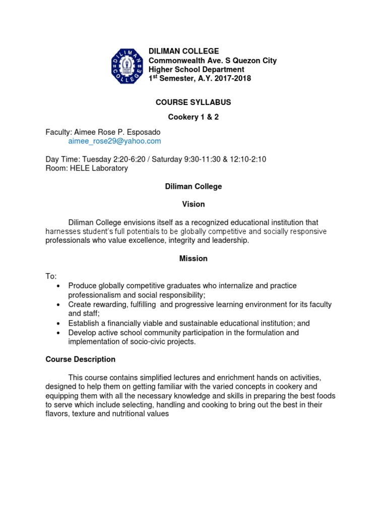 Cookery Syllabus for 1st Semester | PDF | Soup | Cooking