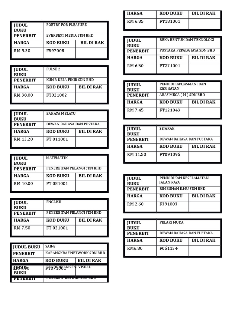 Tagging Rak Buku SPBT Tingkatan 1 | PDF