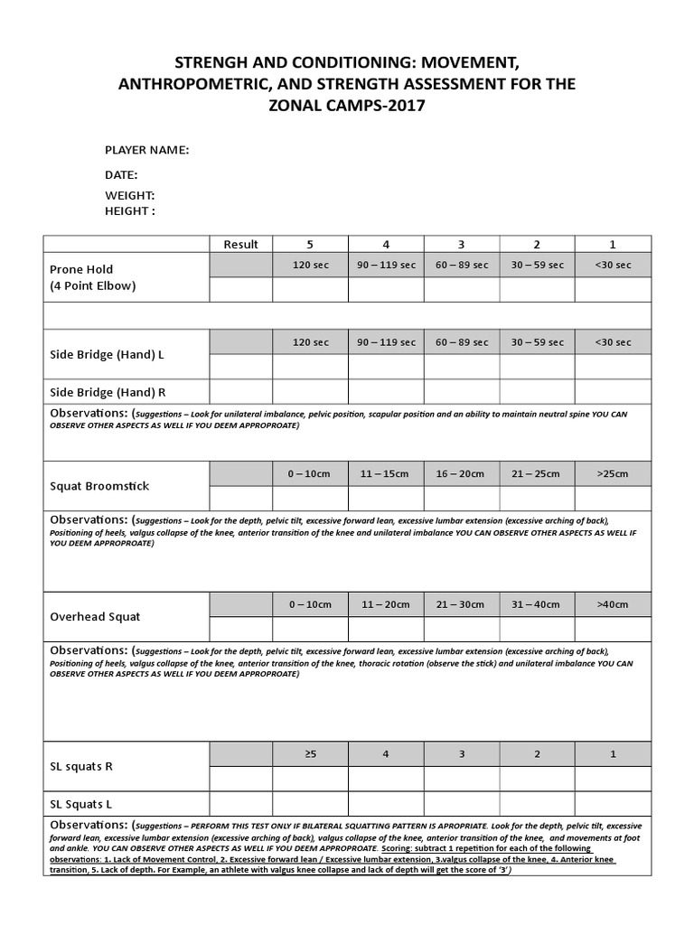 Fms Recording Sheet - 2017 | PDF | Pelvis | Anatomical Terms Of Motion