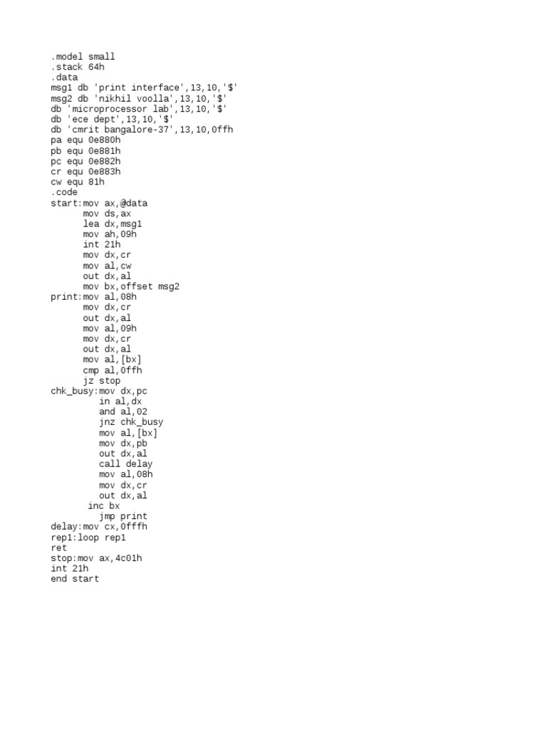 8086 Assembly Code To Interface With An Printer Using 8255 | PDF ...
