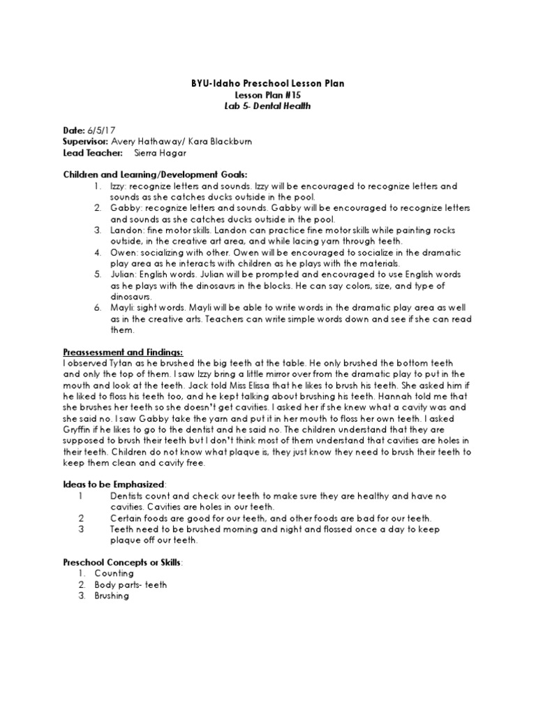 BYU-Idaho Preschool Dental Health Plan | PDF | Toothbrush | Dentist