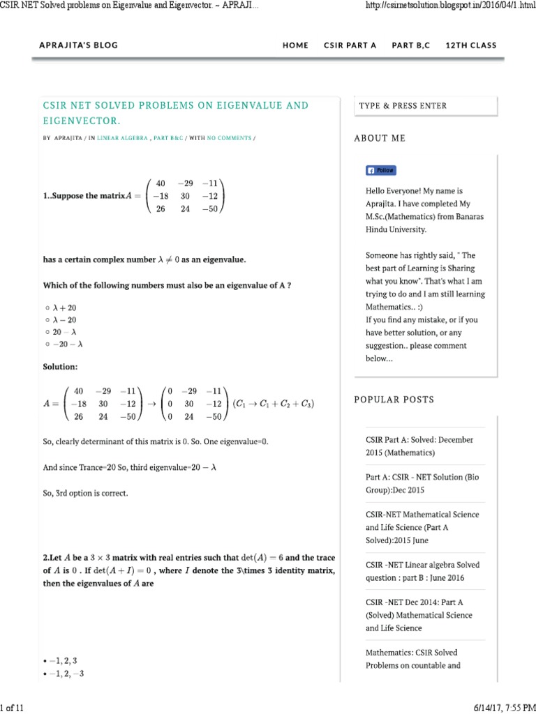 Csir Net Solved Problems On Eigenvalue And Eigenvector Aprajitas Blog Pdf Eigenvalues And