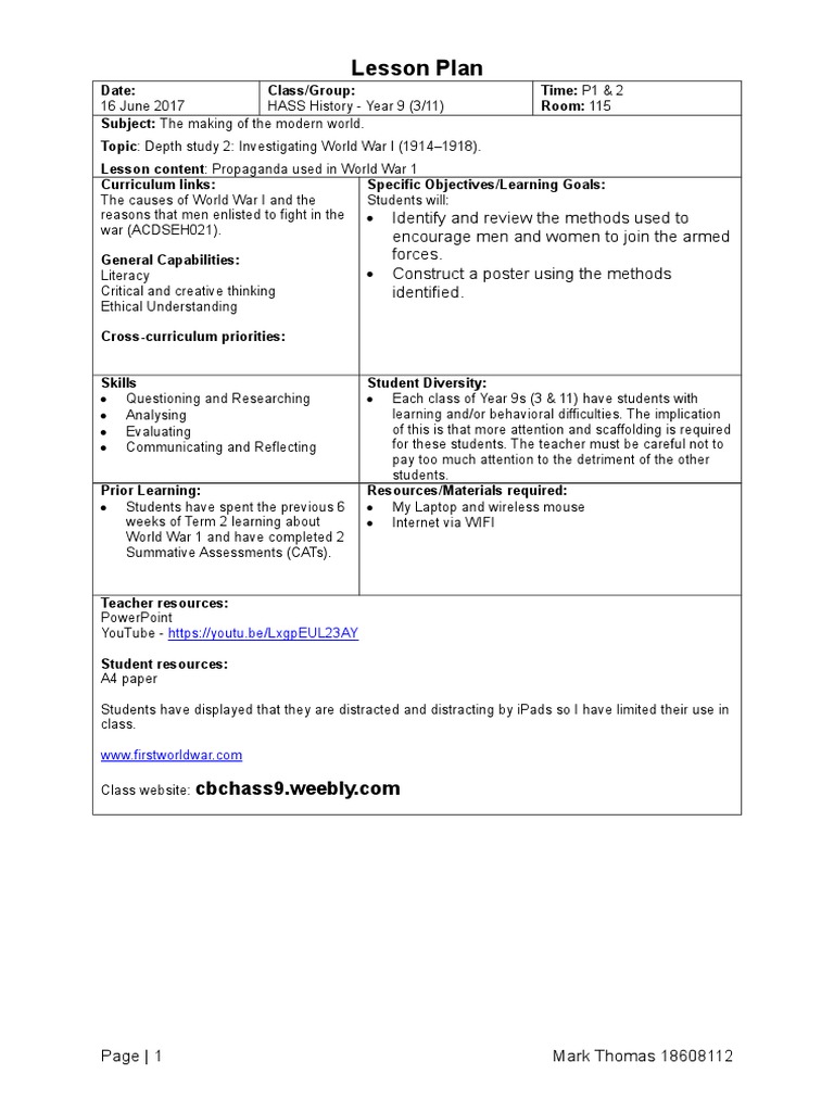 WWI Propaganda Lesson Plan for Year 9 | PDF | Lesson Plan | Education ...