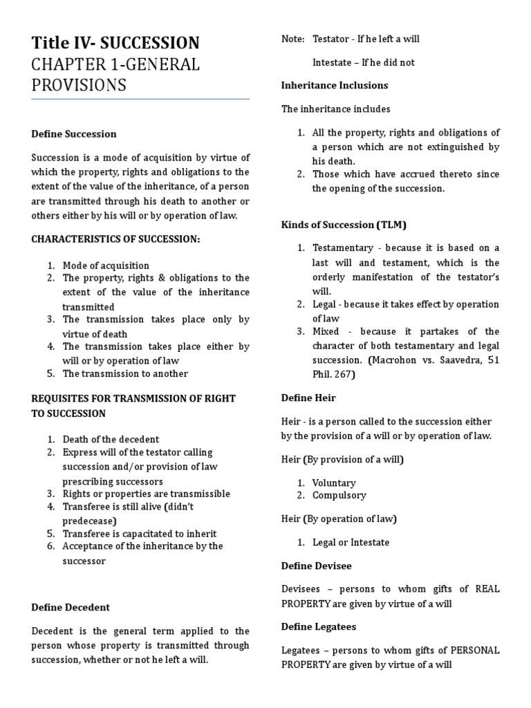 Chapter 1-General Provisions: Title Iv-Succession | PDF | Will And ...