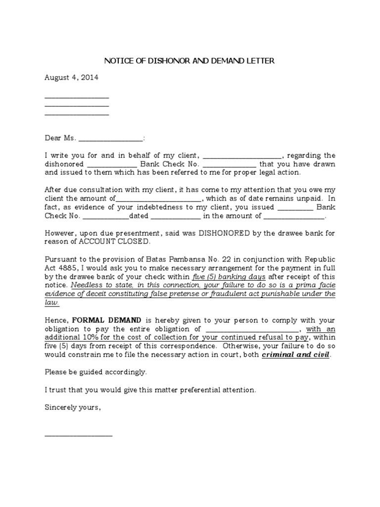 Notice of Dishonor and Demand Letter | PDF | Law