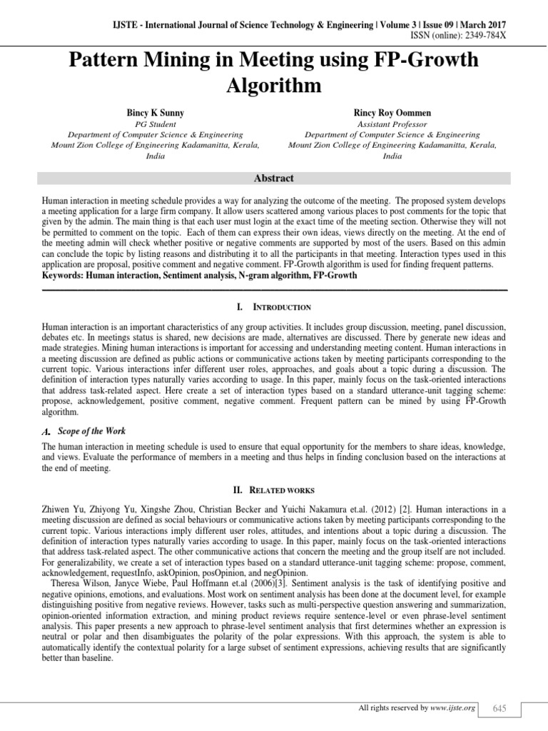 Pattern Mining In Meeting Using Fp Growth Algorithm Pdf Conversation Information Science