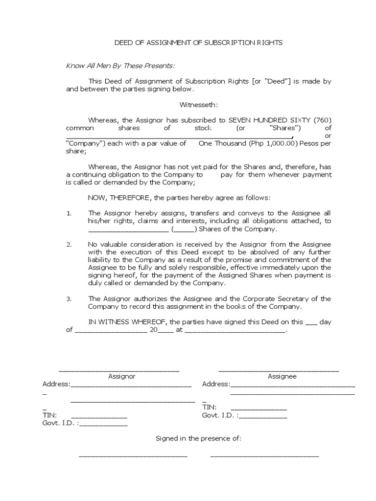 Deed of Assignment of Shares and Subscription Rights - Sample | PDF | Assignment (Law) | Civil ...