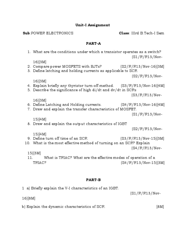 Unit-I Assignment Sub:Power Electronics Class: Iiird B.Tech-I Sem Part ...