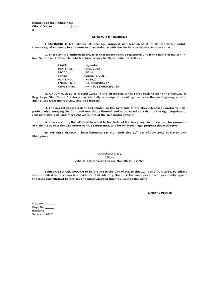 SAMPLE AFFIDAVIT OF INCIDENT.docx | Affidavit | Legal Documents