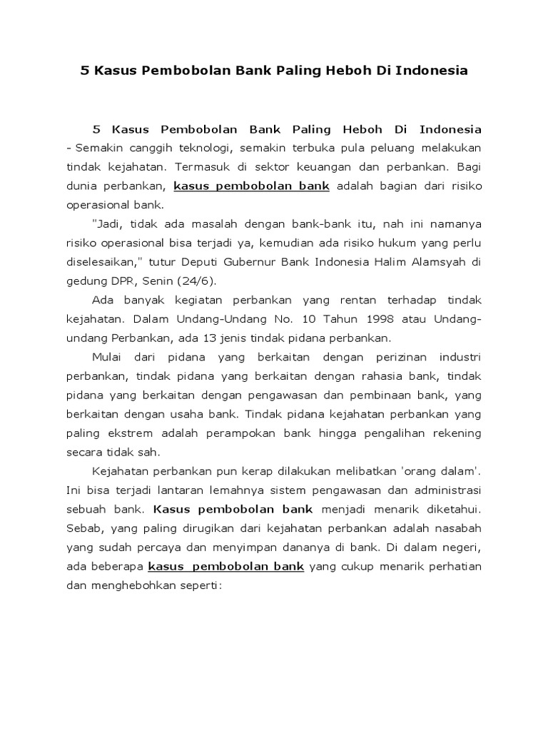 5 Kasus Pembobolan Bank Paling Heboh Di Indonesia | PDF