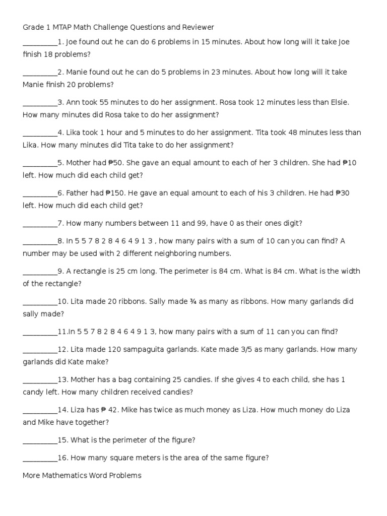 Grade 1 MTAP Math Challenge Questions and Reviewer | PDF | Teaching ...