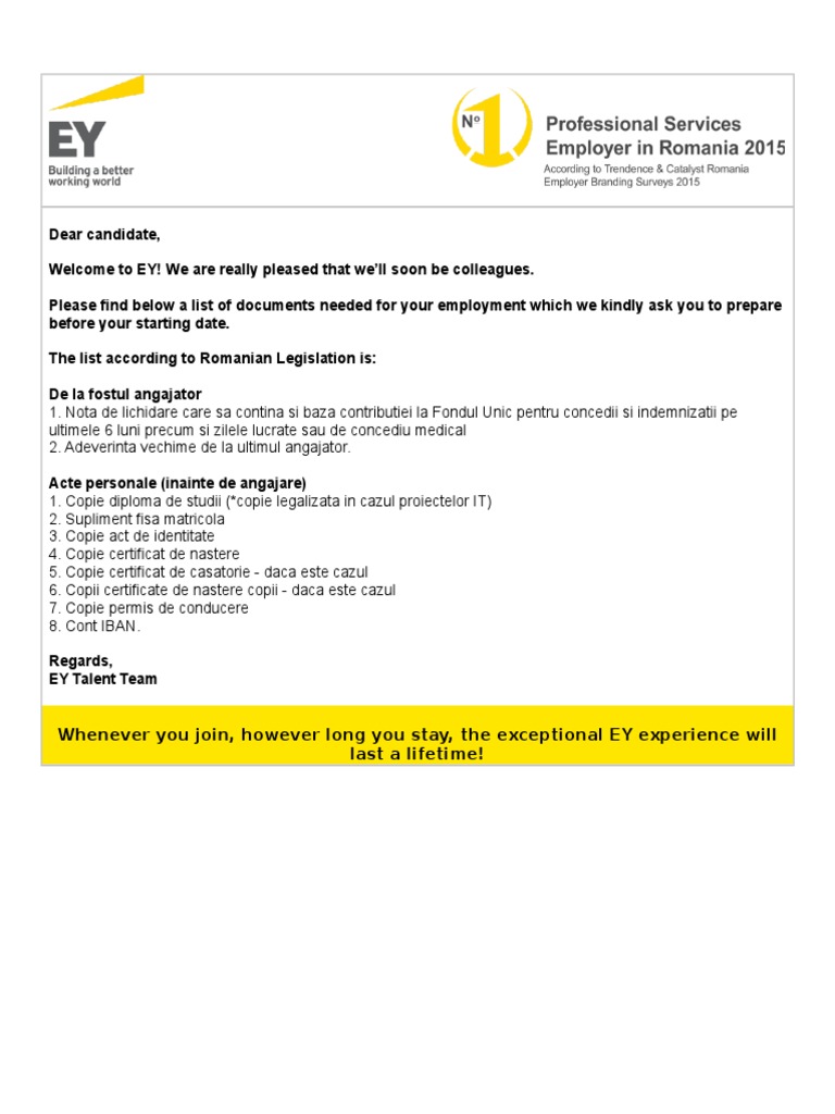 Employment Document Checklist for EY | PDF