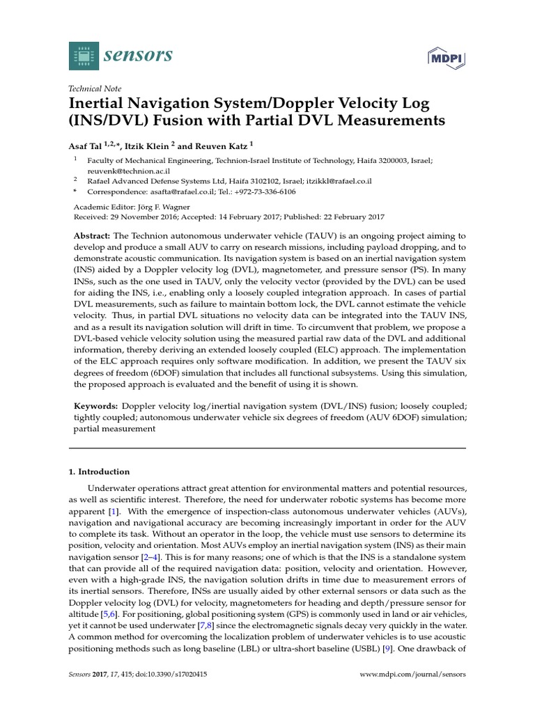 Inertial Navigation System Doppler Velocity Log (INS DVL) Fusion With ...
