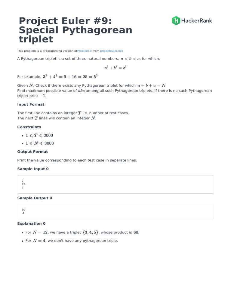 Project Euler #9: Special Pythagorean Triplet: Input Format | PDF