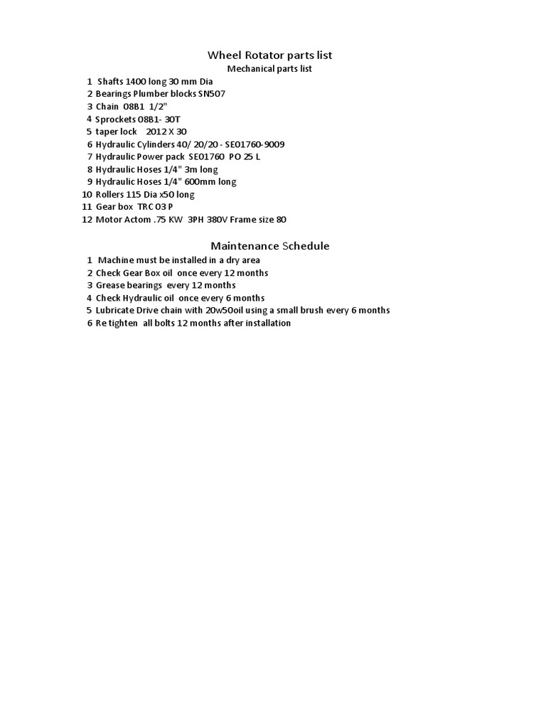 Wheel Rotator Parts List | PDF | Technology & Engineering