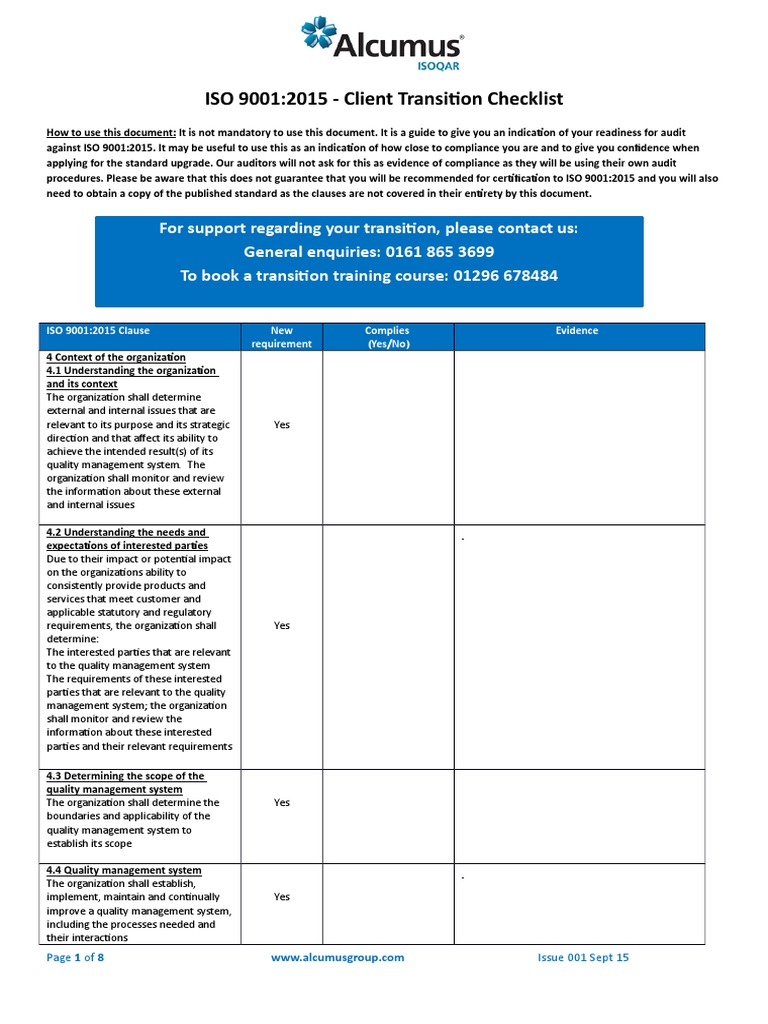 ISO 9001:2015 - Client Transition Checklist | PDF | Quality Management ...