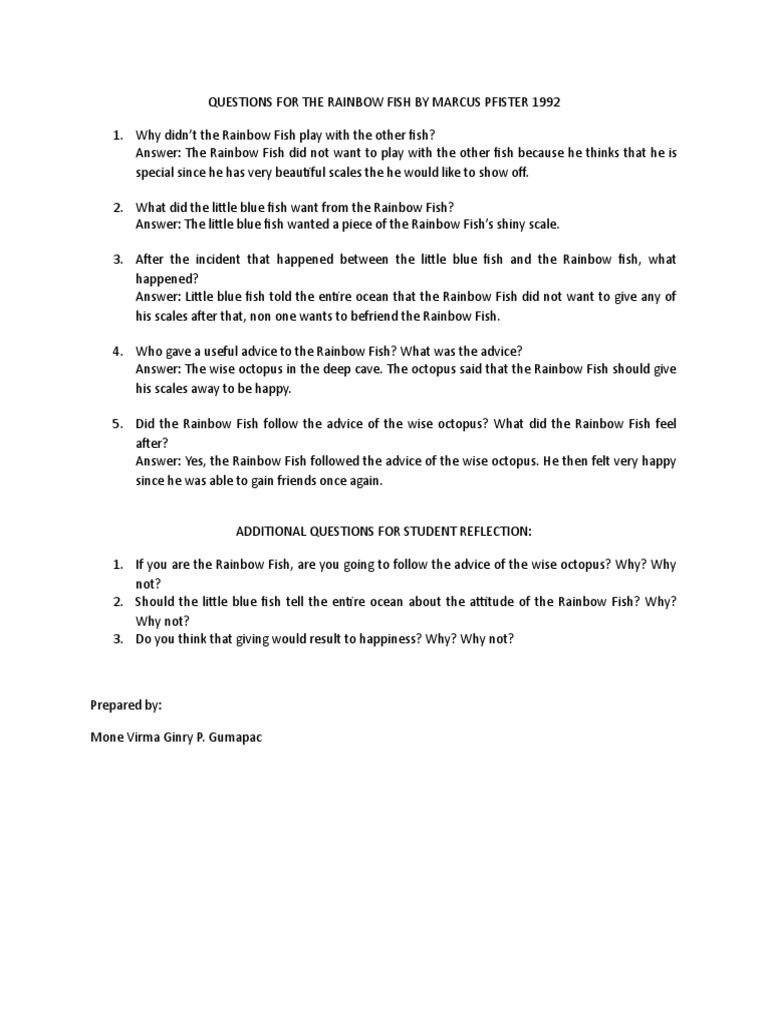 Questions For The Rainbow Fish by Marcus Pfister 1992 | PDF