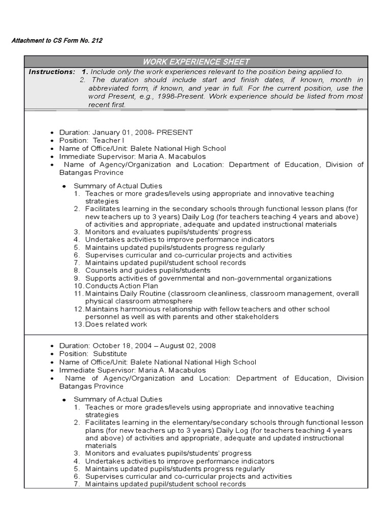 Experience Work Sheet Sample | PDF | Classroom | Teachers
