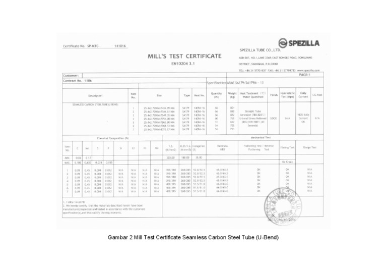 Gambar 2 Mill Test Certificate Seamless Carbon Steel Tube | PDF ...
