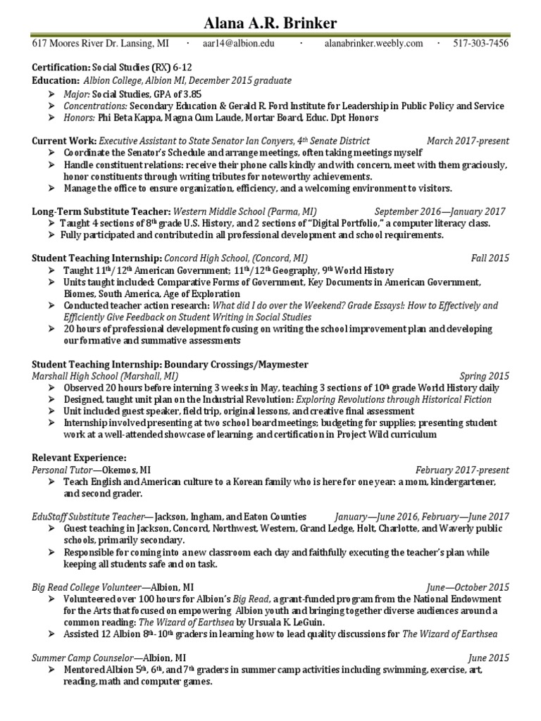 Alana Brinker - Resume - Weebly Website | PDF | Teachers | Sharing