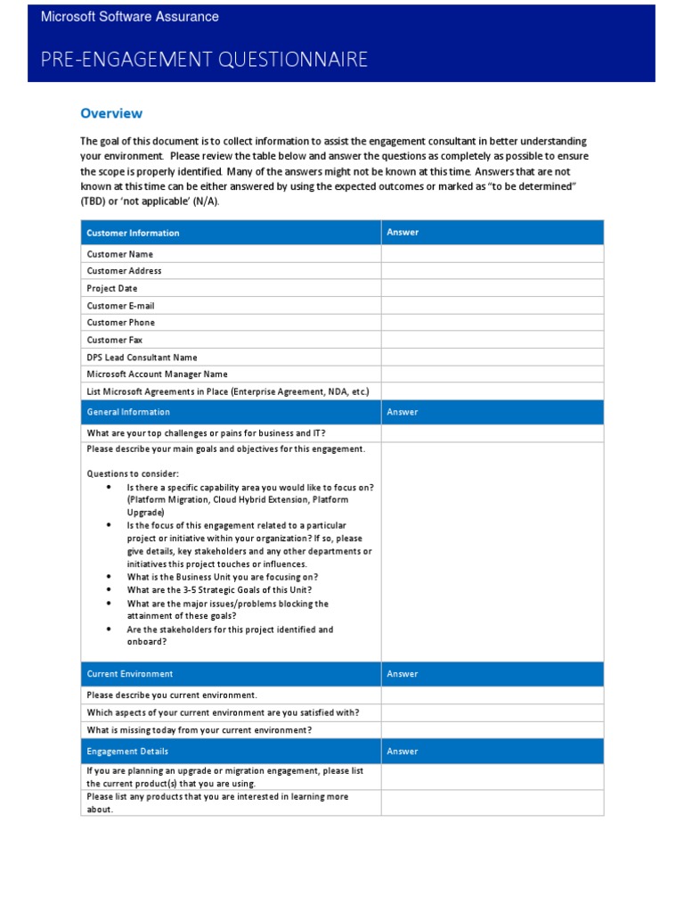 Pre-Engagement Questionnaire - Cloud+Enterprise Planning Services | PDF ...