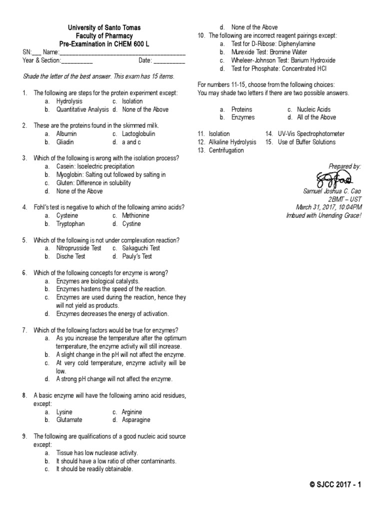 Shade The Letter of The Best Answer. This Exam Has 15 Items | PDF ...