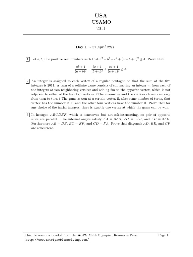 Usamo 2011: Day 1 - 27 April 2011 | PDF | Geometry | Classical Geometry