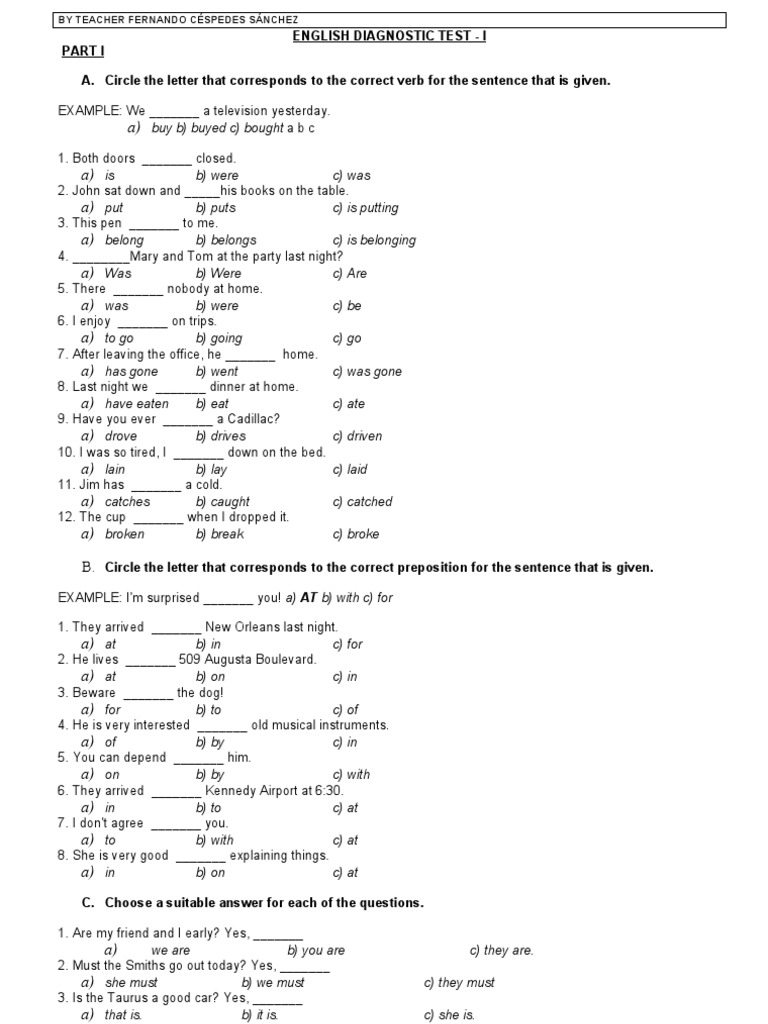 English Diagnostic Test 1 | PDF | Chair