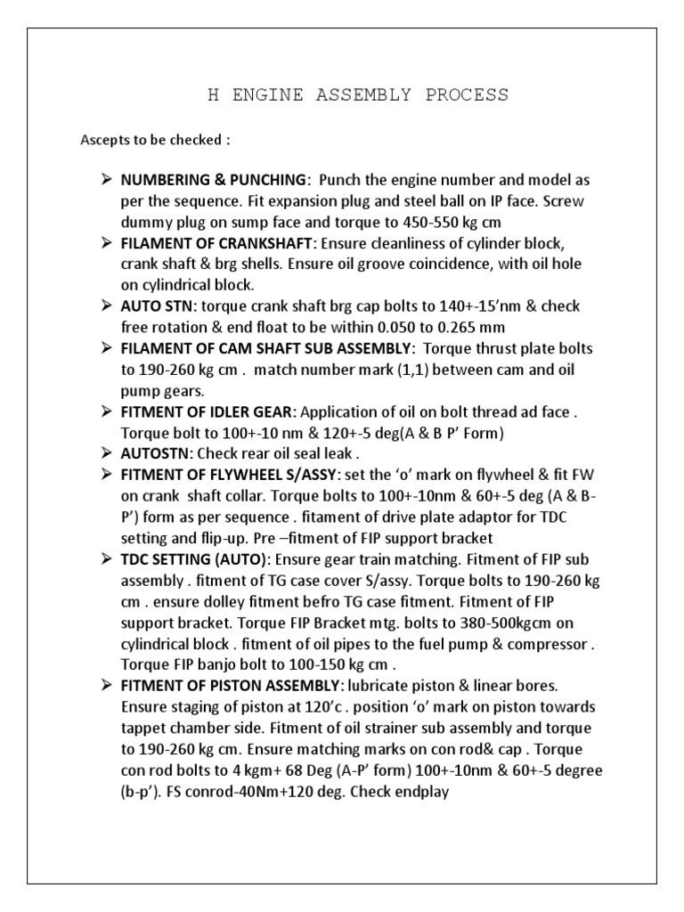 H Engine Assembly Process: Ascepts To Be Checked | PDF | Fuel Injection ...