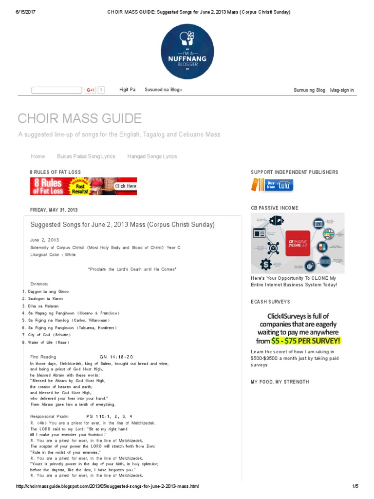 CHOIR MASS GUIDE - Suggested Songs For June 2, 2013 Mass (Corpus ...
