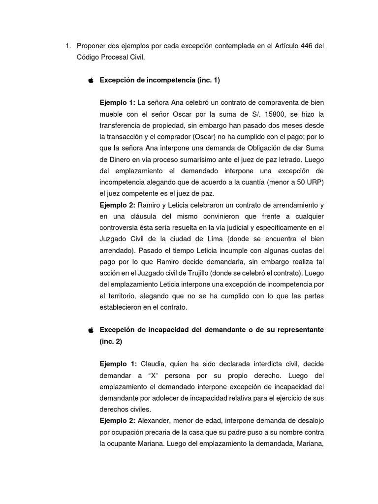 Ejemplos de Excepciones en Proceso Civil | PDF | Estatuto de ...