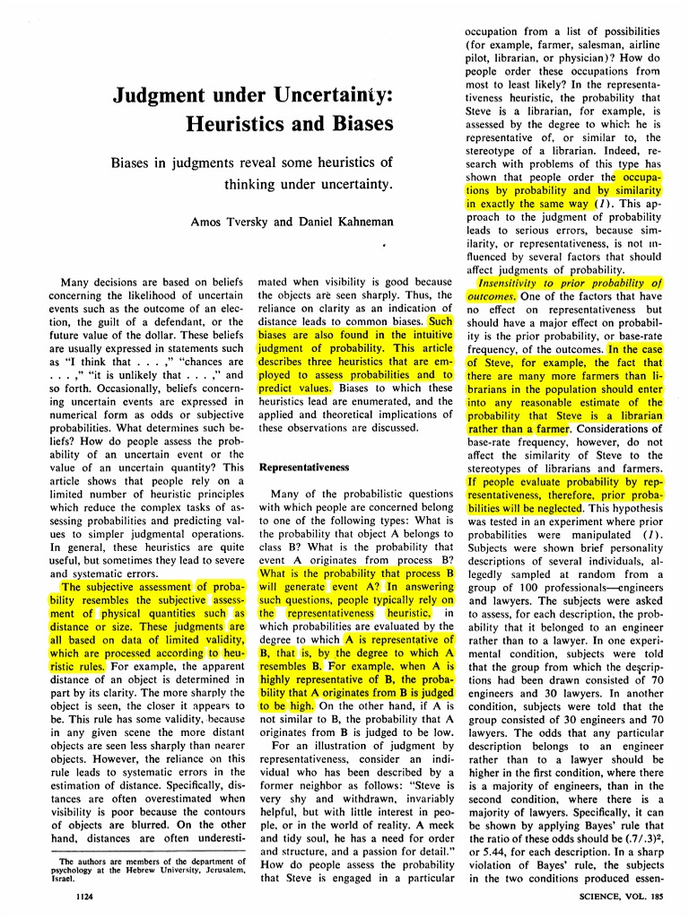 Tversky, Kahneman - Judgement Under Uncertainty | PDF | Heuristics In ...