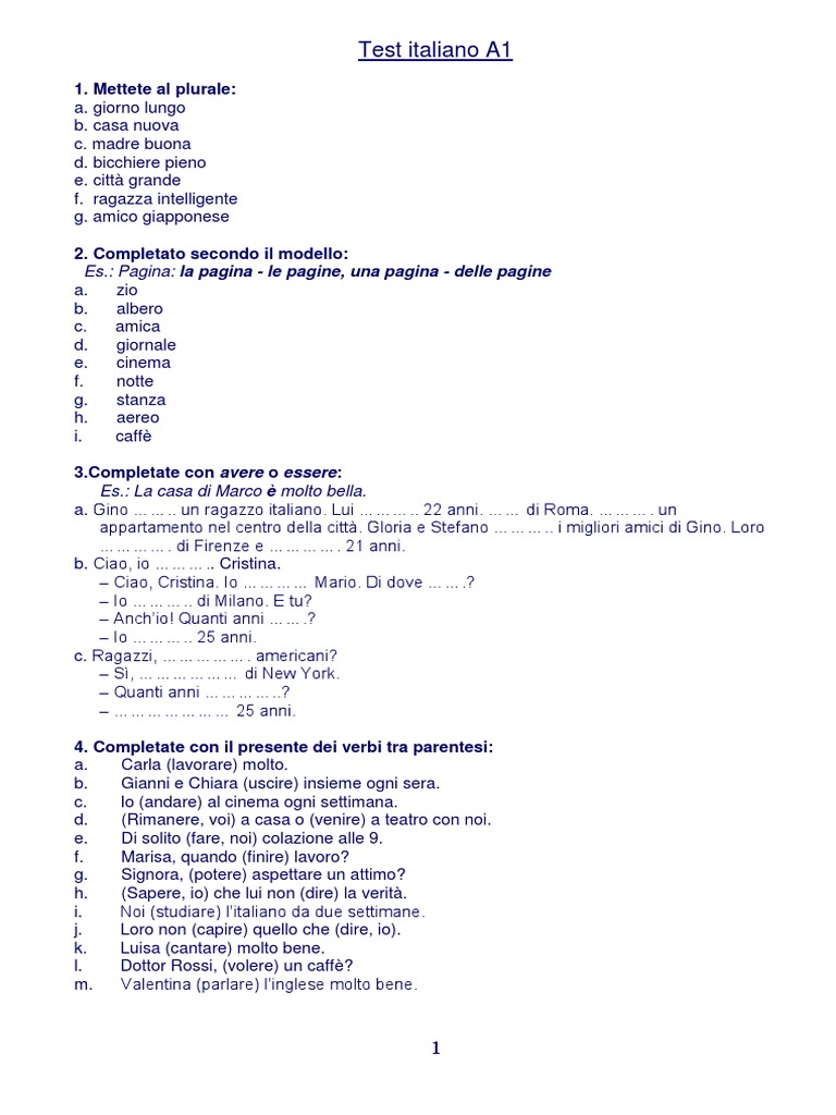 Test Italiano A1 Con Soluzioni | PDF