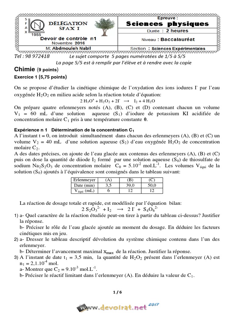 Devoir de Contrôle N°1 - Sciences physiques - Bac Sciences exp (2016 ...