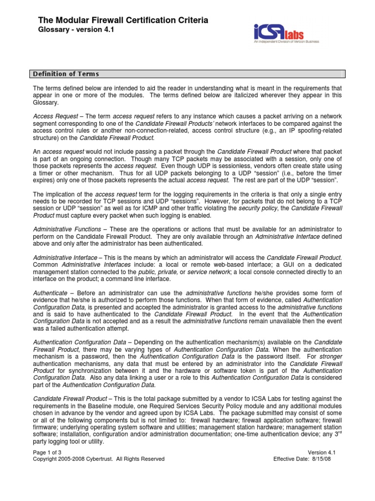 The Modular Firewall Certification Criteria: Glossary - Version 4.1 ...