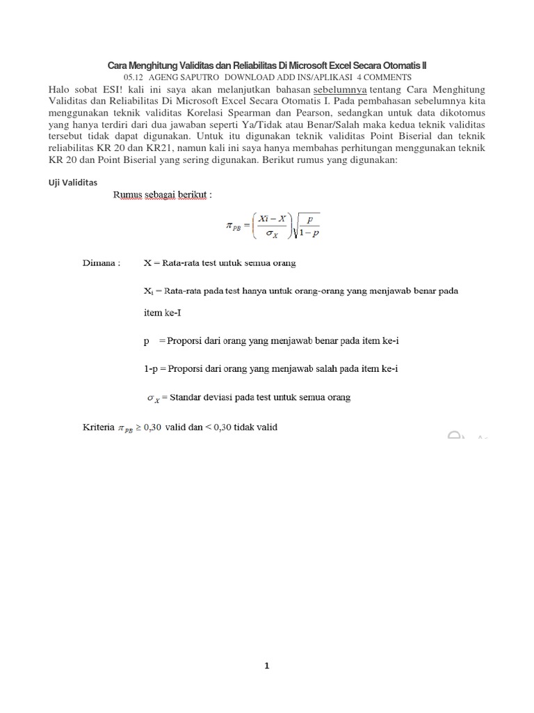 Cara Menghitung Validitas Dan Reliabilitas Di Microsoft Excel Secara ...