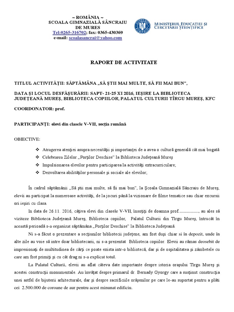 Raport de Activitate Scoala Altfel 1 | PDF