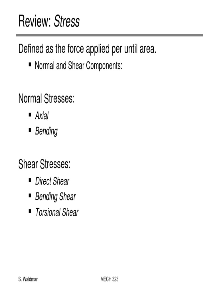 Review: Stress: Defined As The Force Applied Per Until Area. Normal ...