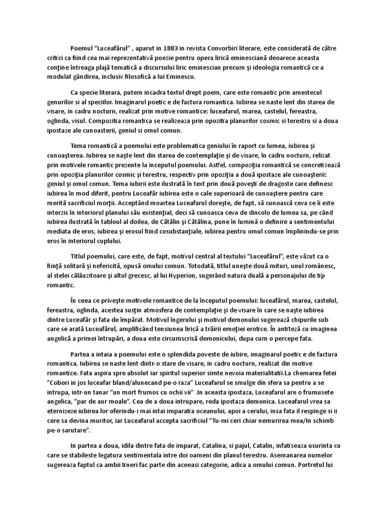 Luceafarul de Mihai Eminescu - Tema Si Viziunea Despre Lume