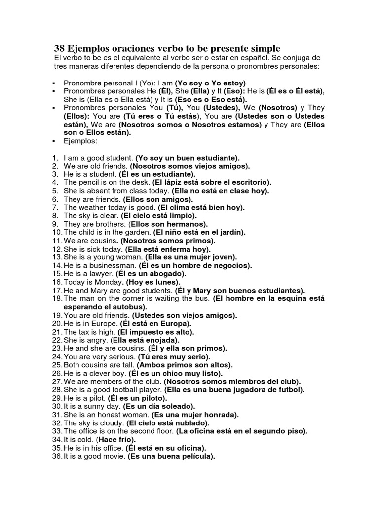 38 Ejemplos Oraciones Verbo To Be Presente Simple Pdf Verbo