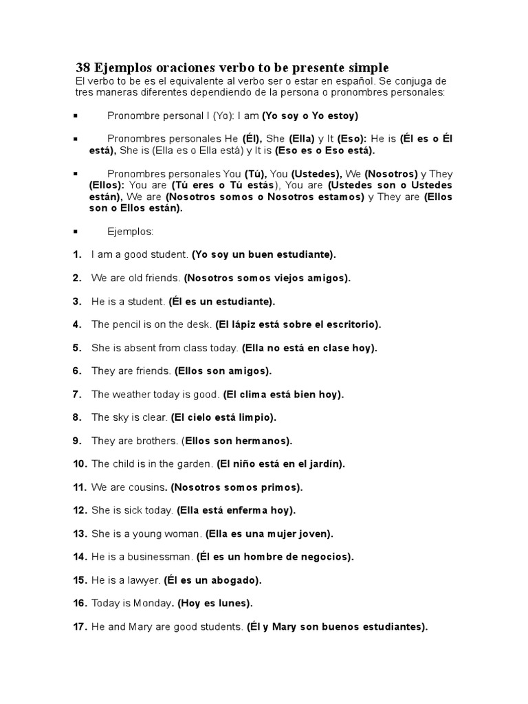 38 Ejemplos Oraciones Verbo To Be Presente Simple Pdf Verbo