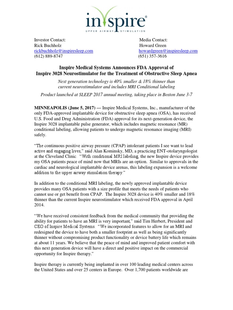 Inspire Medical Systems Announces FDA Approval of Inspire 3028 ...