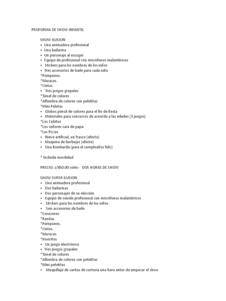 Proforma de Show Infantil | PDF | Alimentos | Naturaleza