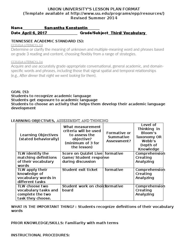 Vocabulary Lesson Plan | PDF | Reading Comprehension | Lesson Plan