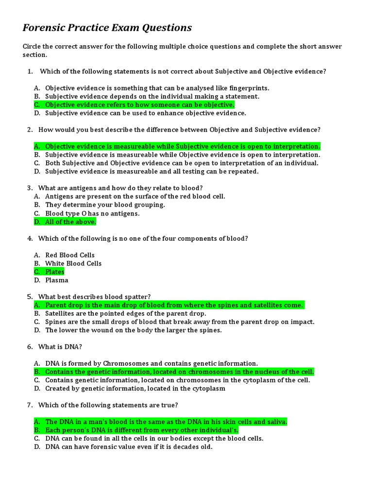 Forensic Science Exam: Objective and Subjective Evidence, Blood ...