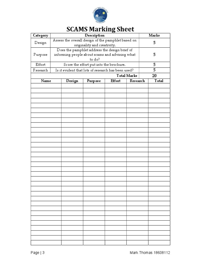 Scams Brochure Marking Sheet | PDF
