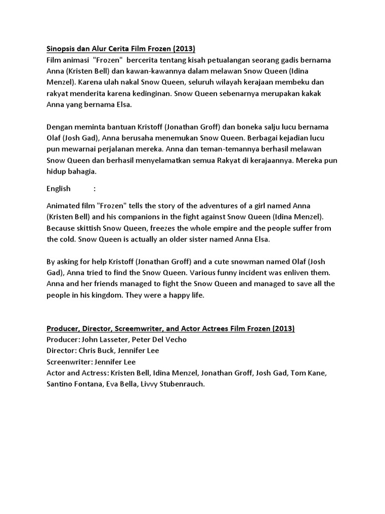 Sinopsis Dan Alur Cerita Film Frozen | PDF | Snow White | Leisure
