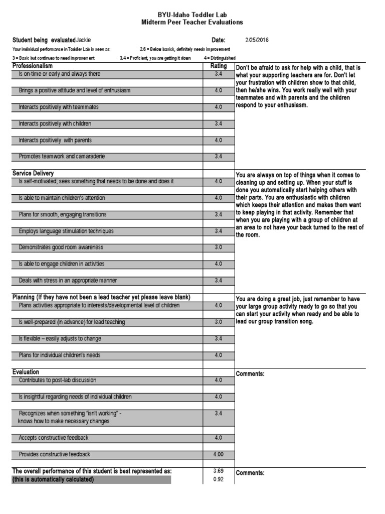 BYU-Idaho Toddler Lab Midterm Peer Teacher Evaluations | PDF | Toddler | Attention