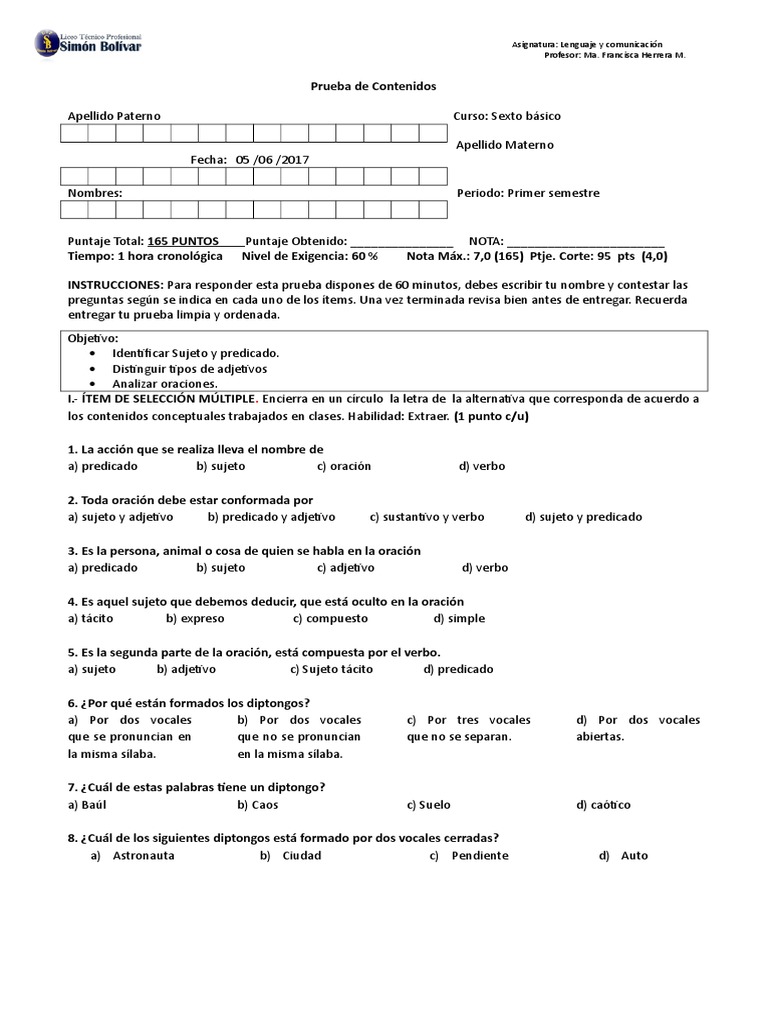 Prueba De Lenguaje Sexto Básico Pdf Predicado Gramática Asunto