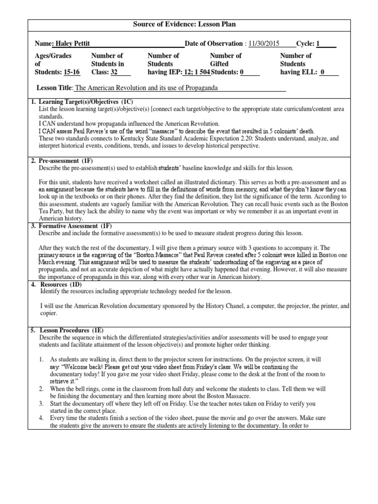 Source of Evidence: Lesson Plan: 1. Learning Target(s) /objectives (1C ...